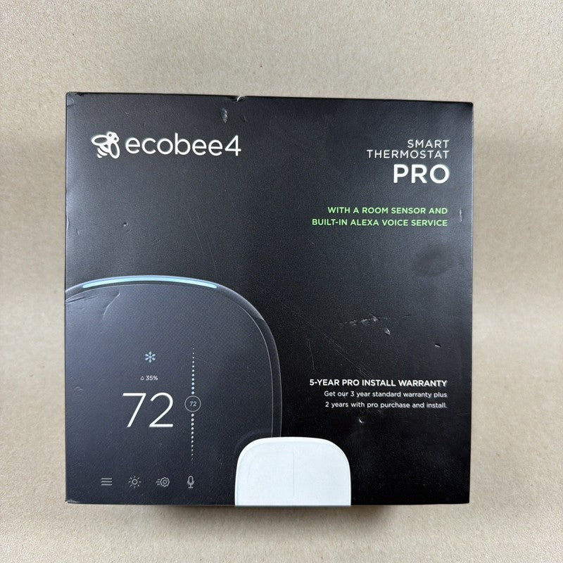 Ecobee 4 Smart Programmable Thermostat Black w/ Back Plate & Room Sens ...
